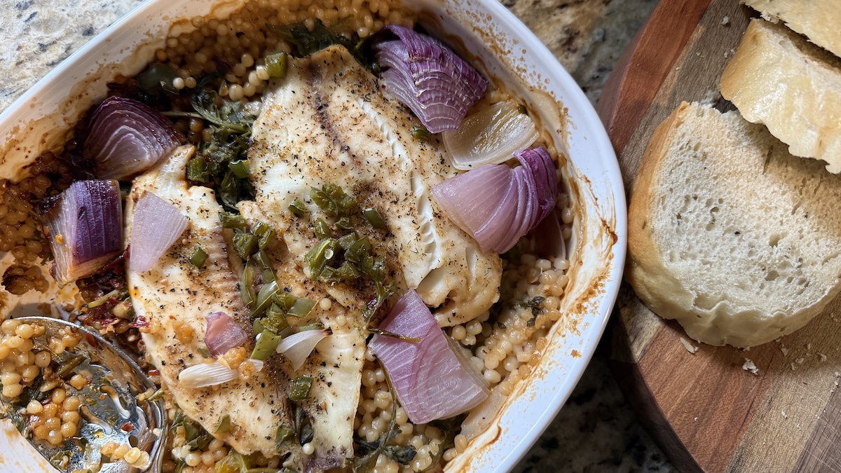 Easy One-Dish Chili-Crisp Tilapia and Couscous Bake – Spilled Milk